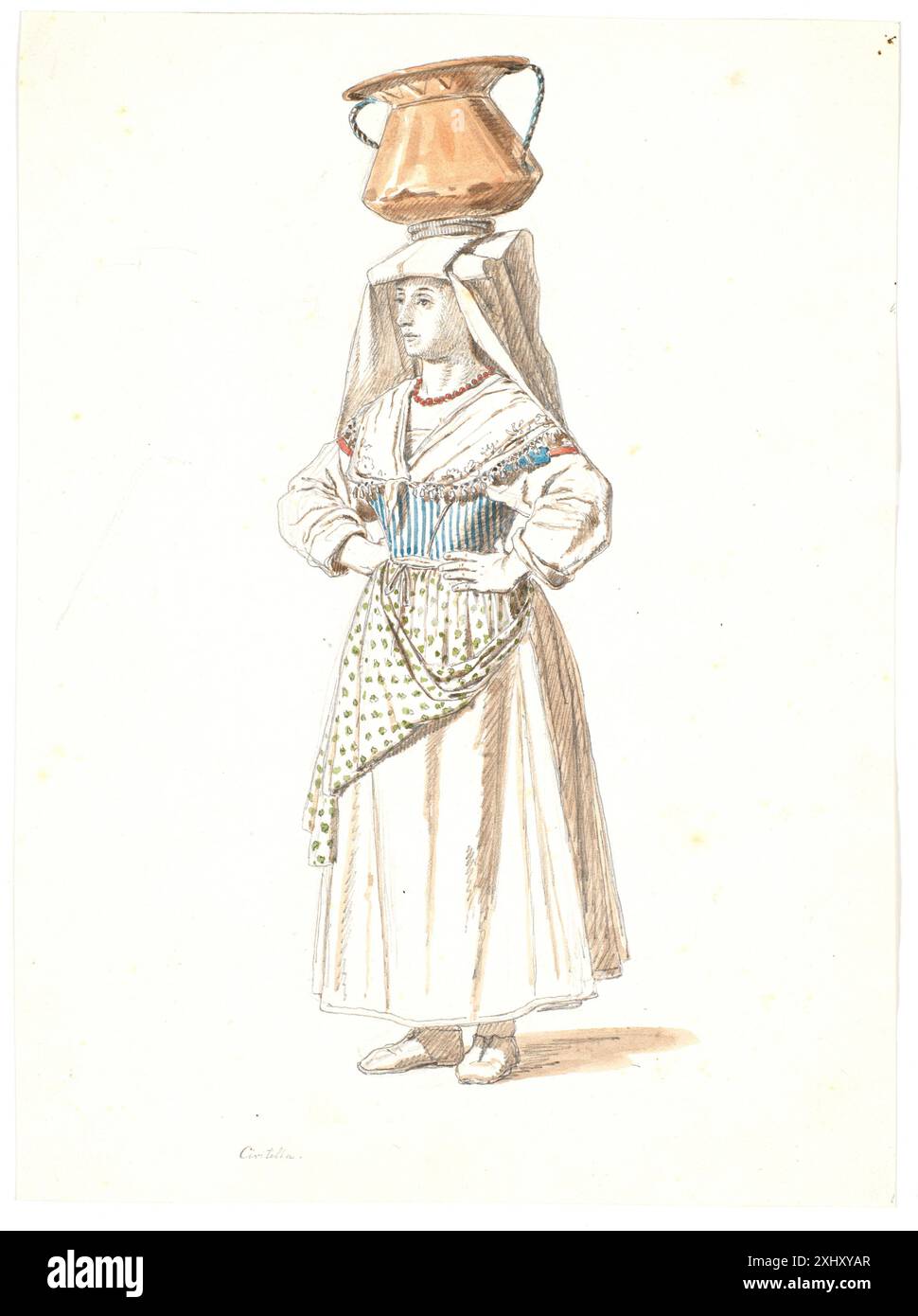 Drawing by Martinus Rørbye showing an Italian figure wearing a concha ...