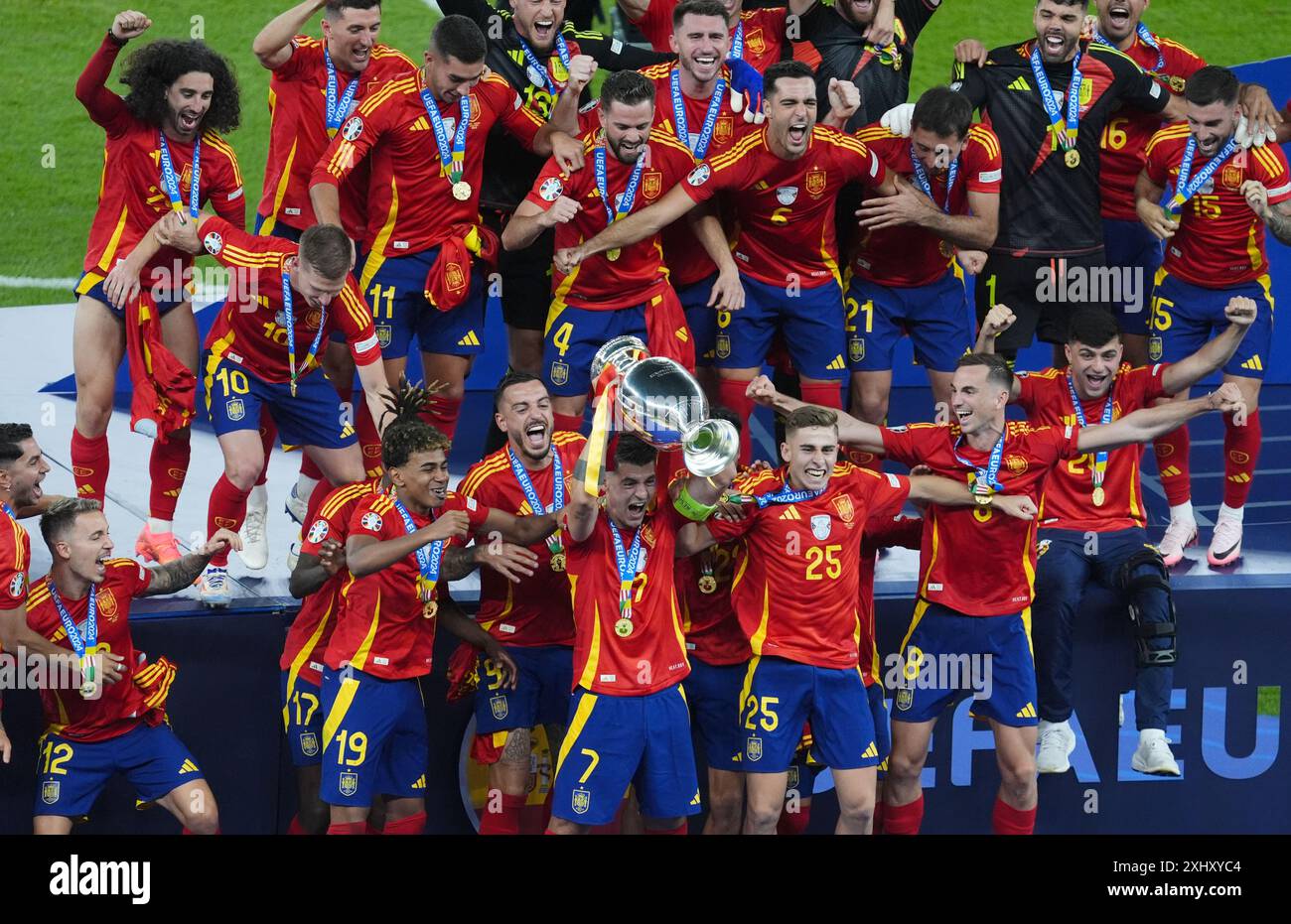 Spain's Alvaro Morata lifts the Henri Delaunay Cup with team-mates ...