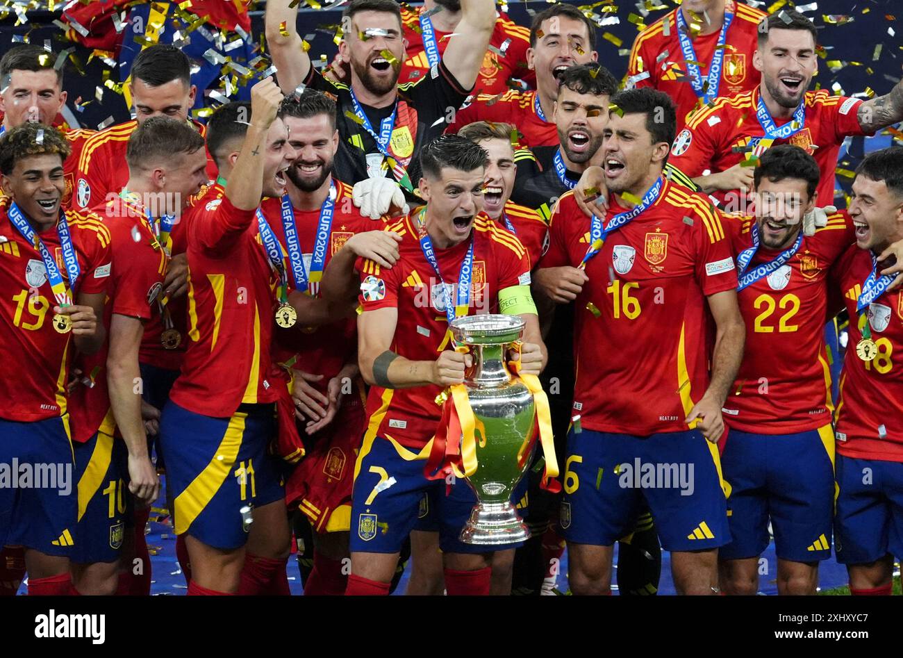 Spain's Alvaro Morata celebrates with the Henri Delaunay Cup with team ...