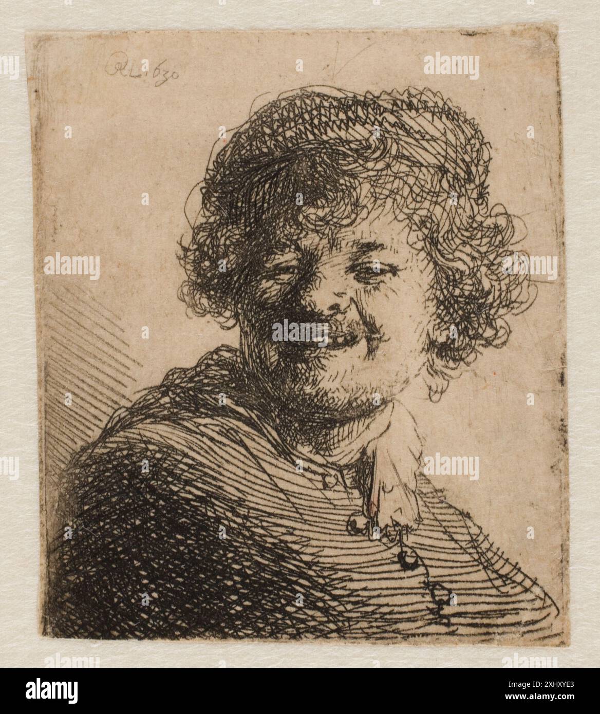 Bust engraving by Rembrandt depicting himself wearing a cap and ...