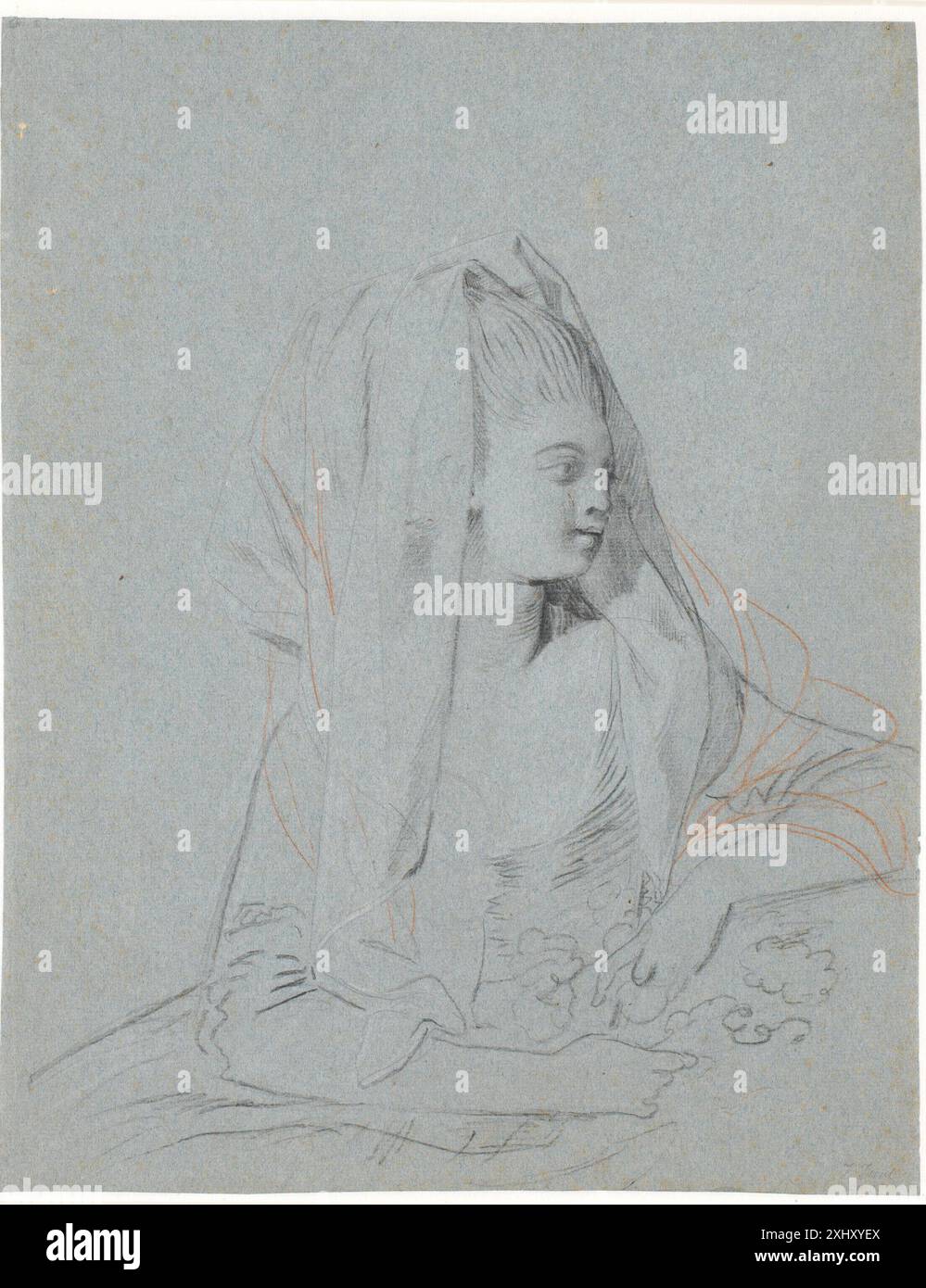 A drawing by Jens Juel showing a young woman seated, holding flowers in ...
