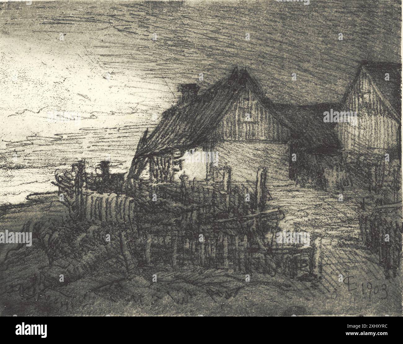 Intaglio print by Carl Locher, 1851–1915, depicting houses in Tisvilde ...