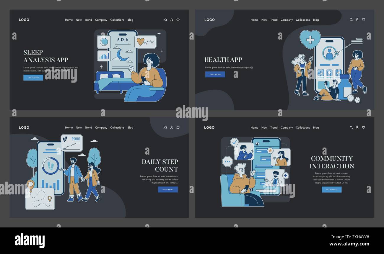 Health App set. Digital wellness monitoring through mobile technology ...