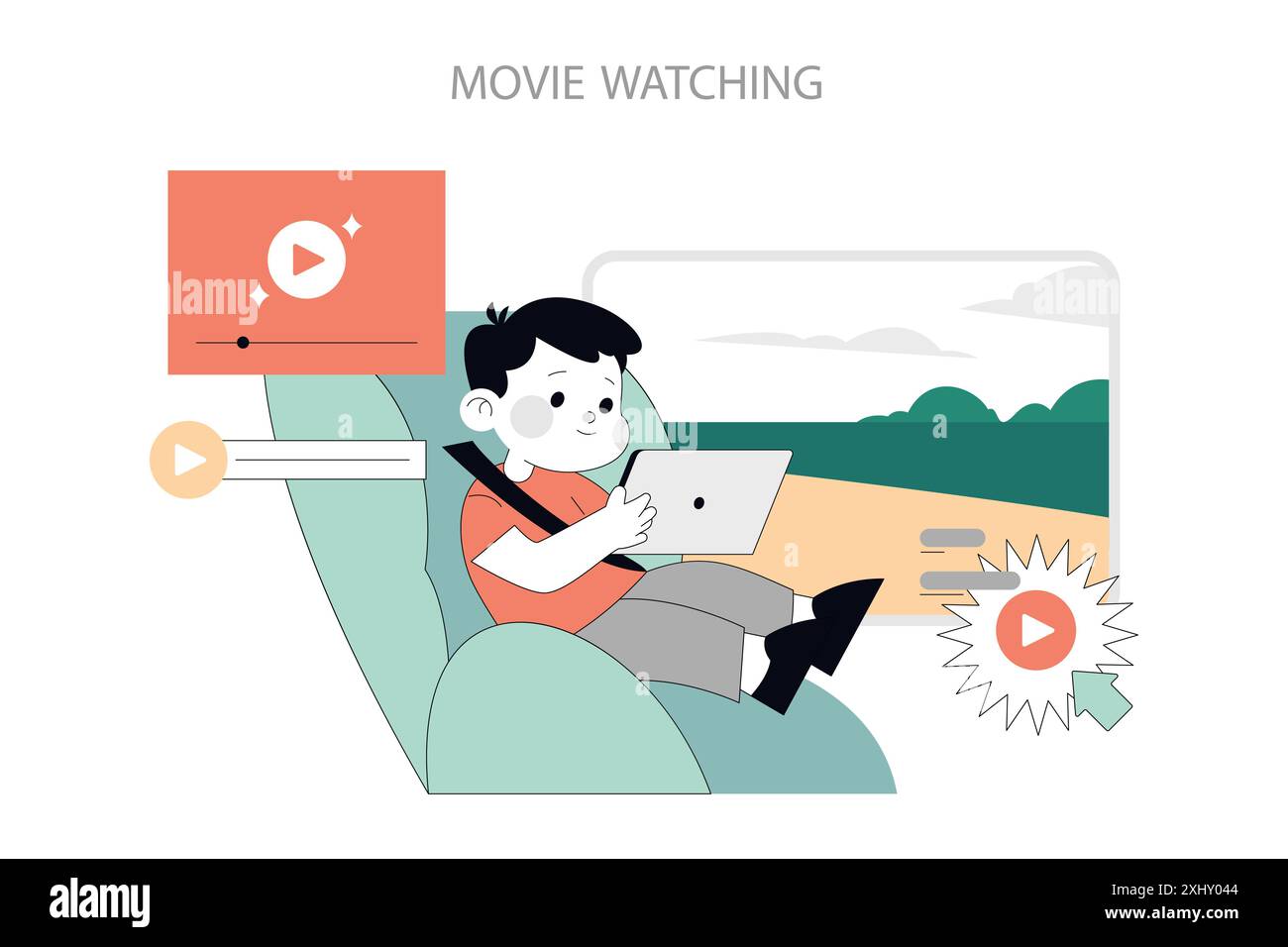 Movie Watching concept. A child enjoys a film on a tablet, lounging ...