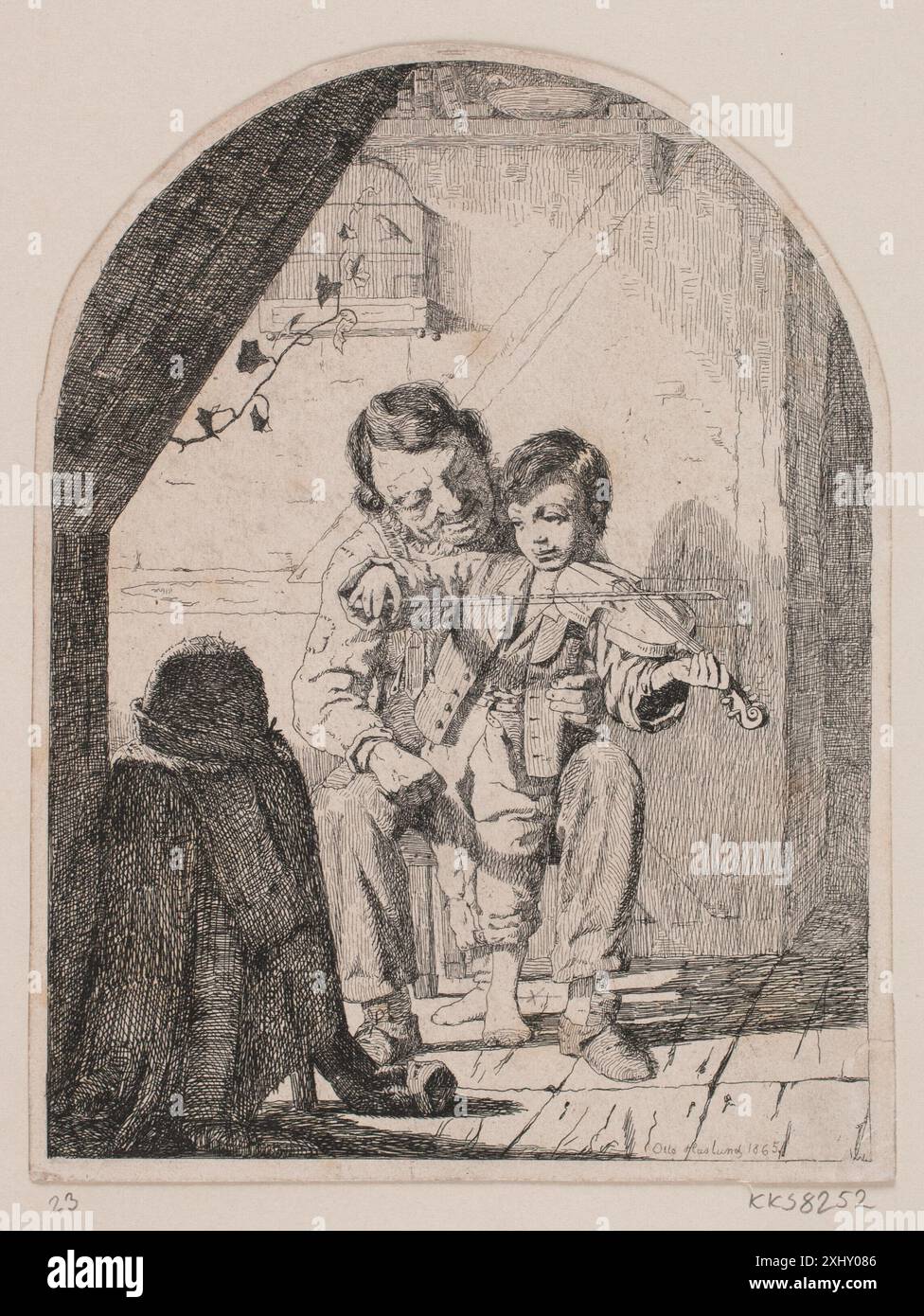 Etching by Otto Haslund showing a boy learning to play the violin ...