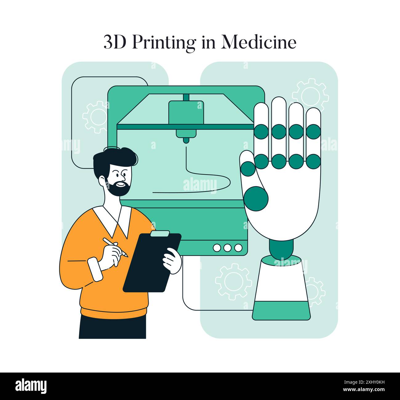 3D Printing in Medicine concept. An illustration portraying a man using ...