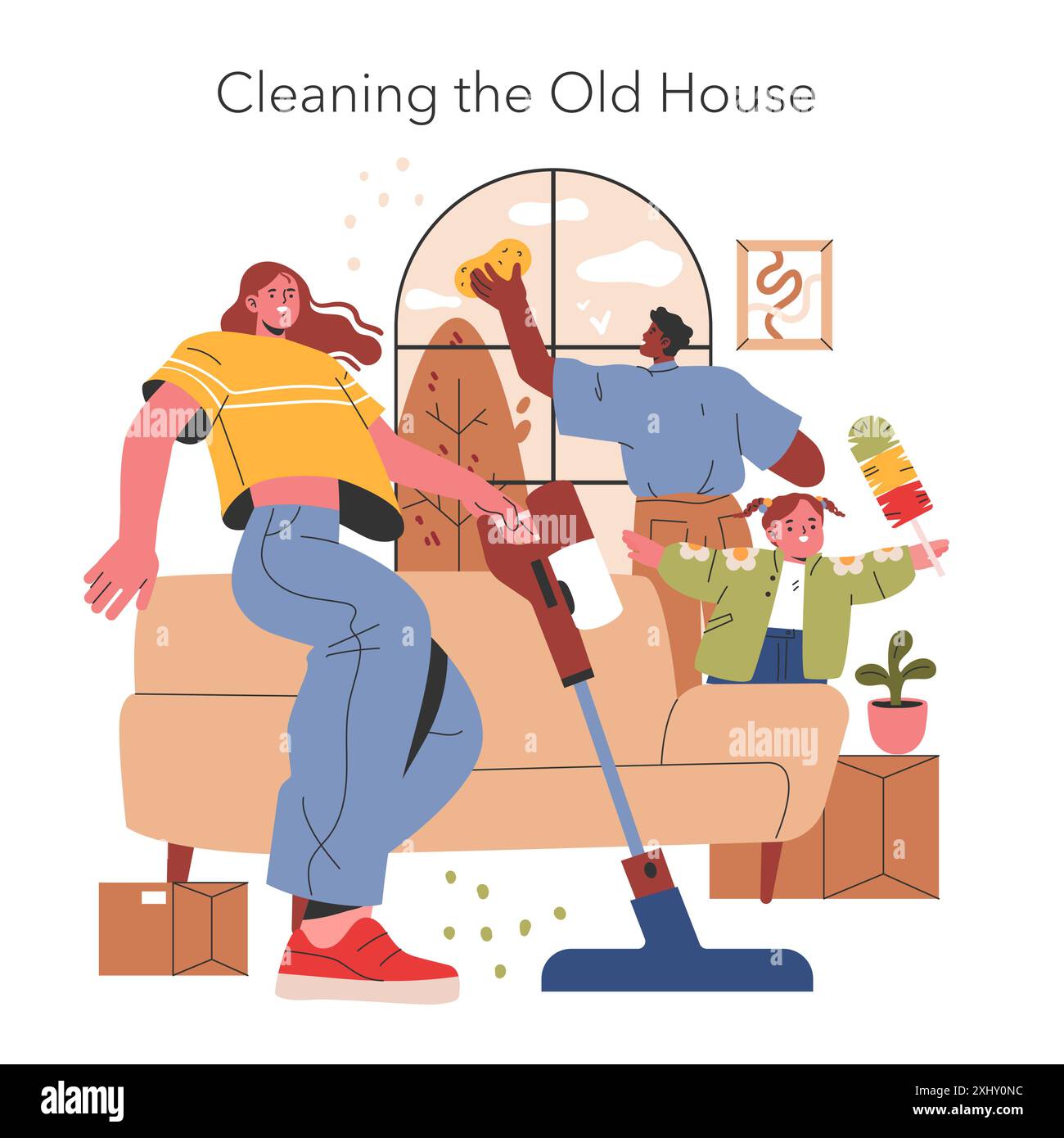 Moving House concept. Family participates in cleaning the old home ...