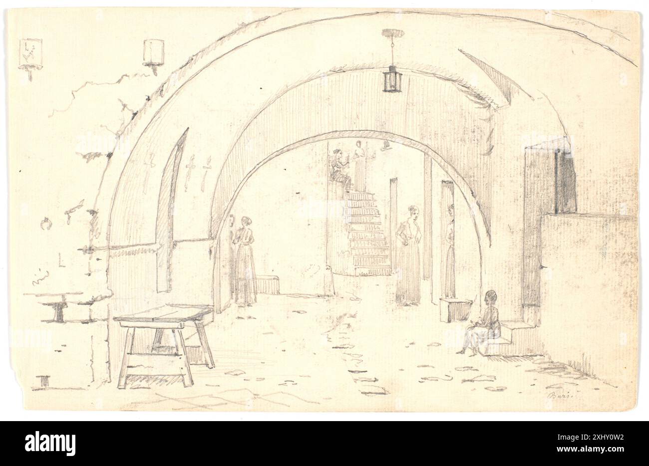 Drawing depicting a street scene in Bari, showing buildings, figures ...