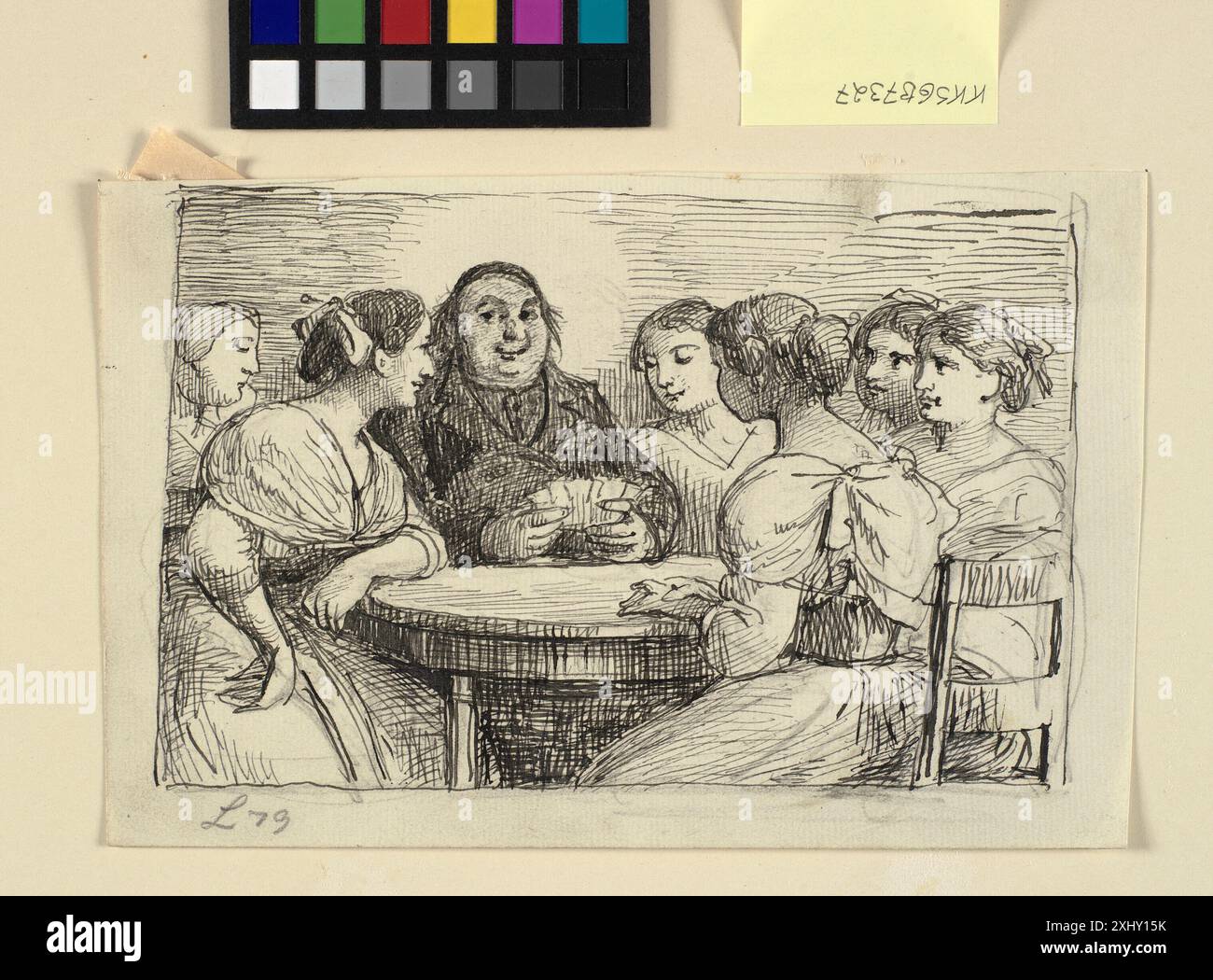 Drawing depicting a monk holding playing cards with six women nearby ...