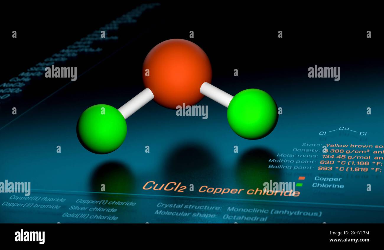CuCl2 Copper chloride molecule model, dark display with molecule data ...