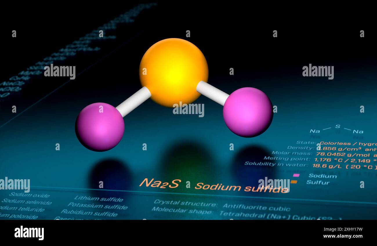 Na2S Sodium sulfide molecule model, dark display with molecule data ...