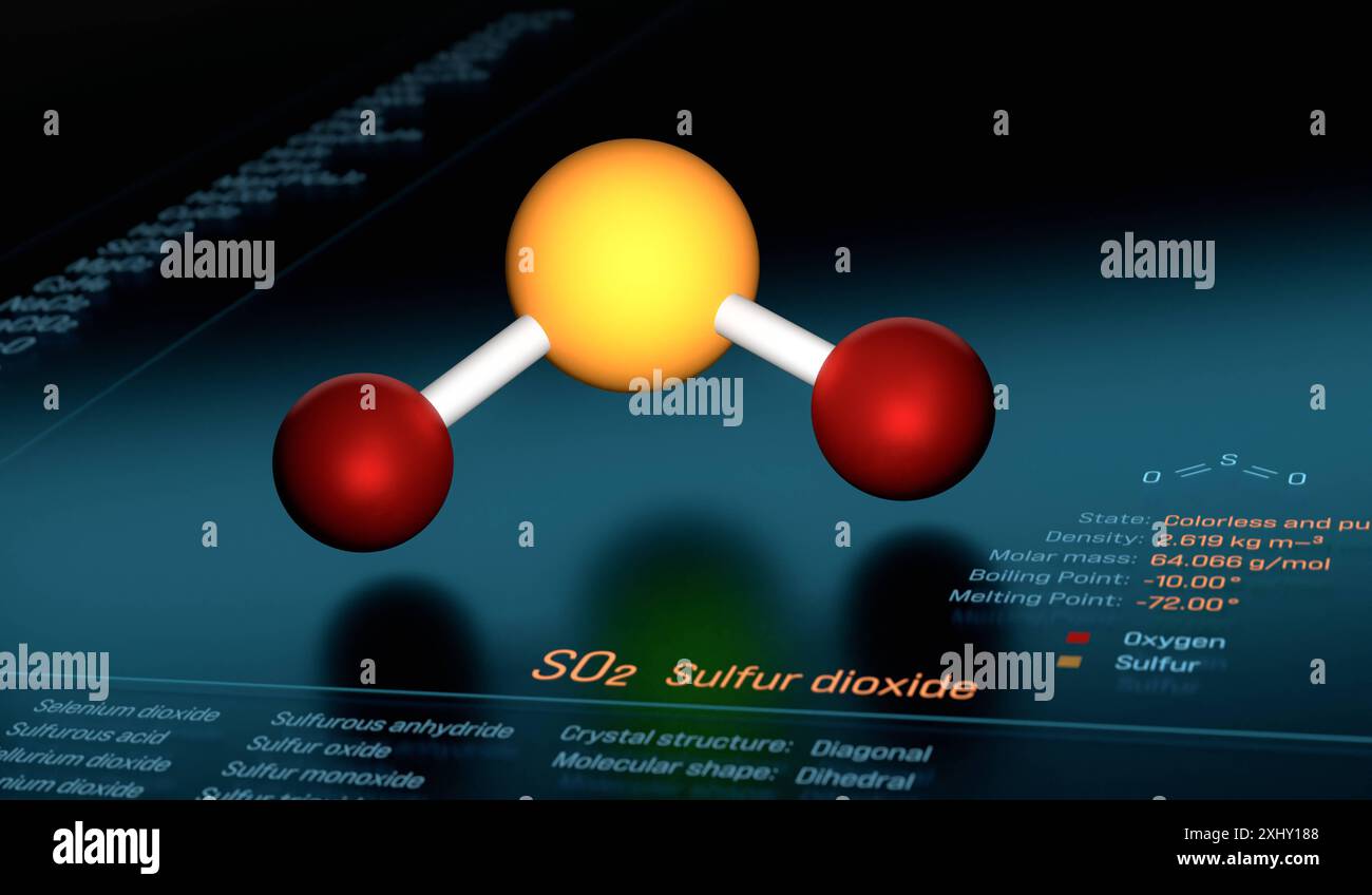 SO2 Sulfur dioxide molecule model, dark display with molecule data. SO2 Sulfur dioxide molecule ...