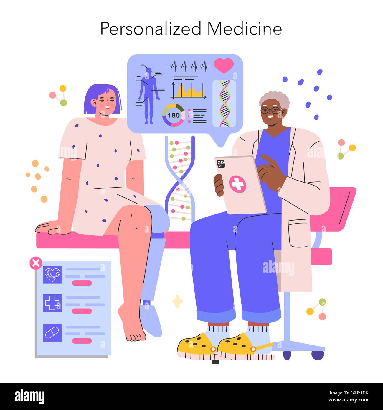 Personalized Medicine concept. Doctor with tablet discussing tailored ...