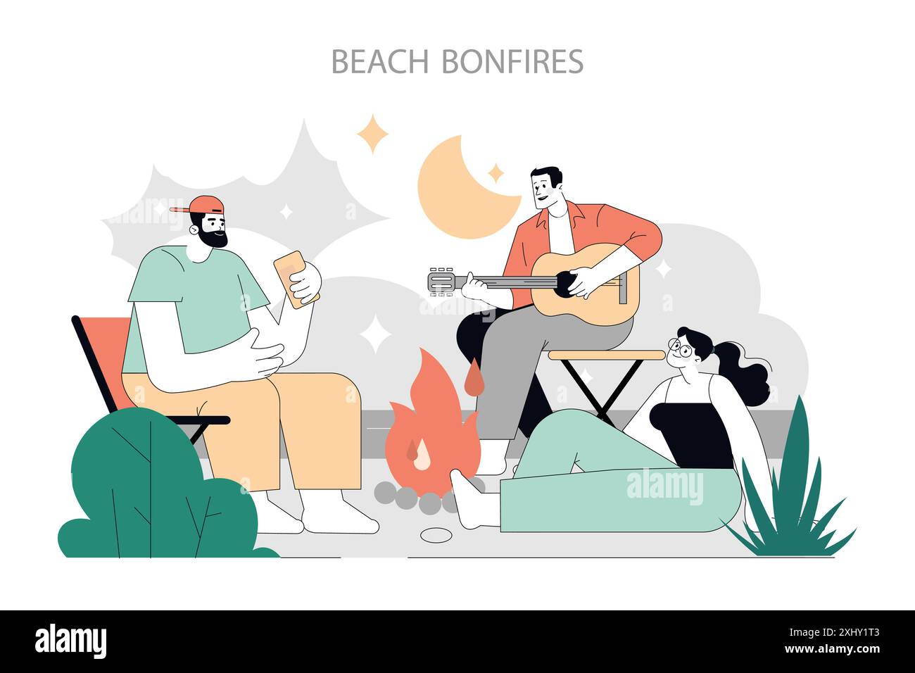 Summer activities concept. Friends enjoy a beach bonfire at night with ...