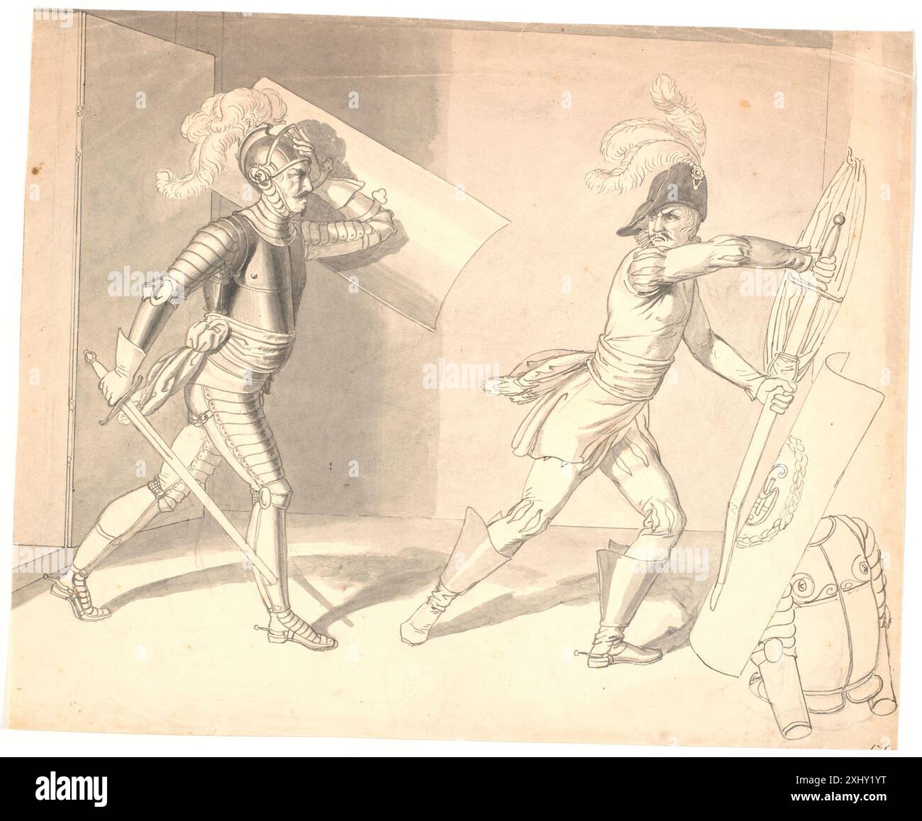 A drawing showing two warriors engaged in combat, depicting armor and ...