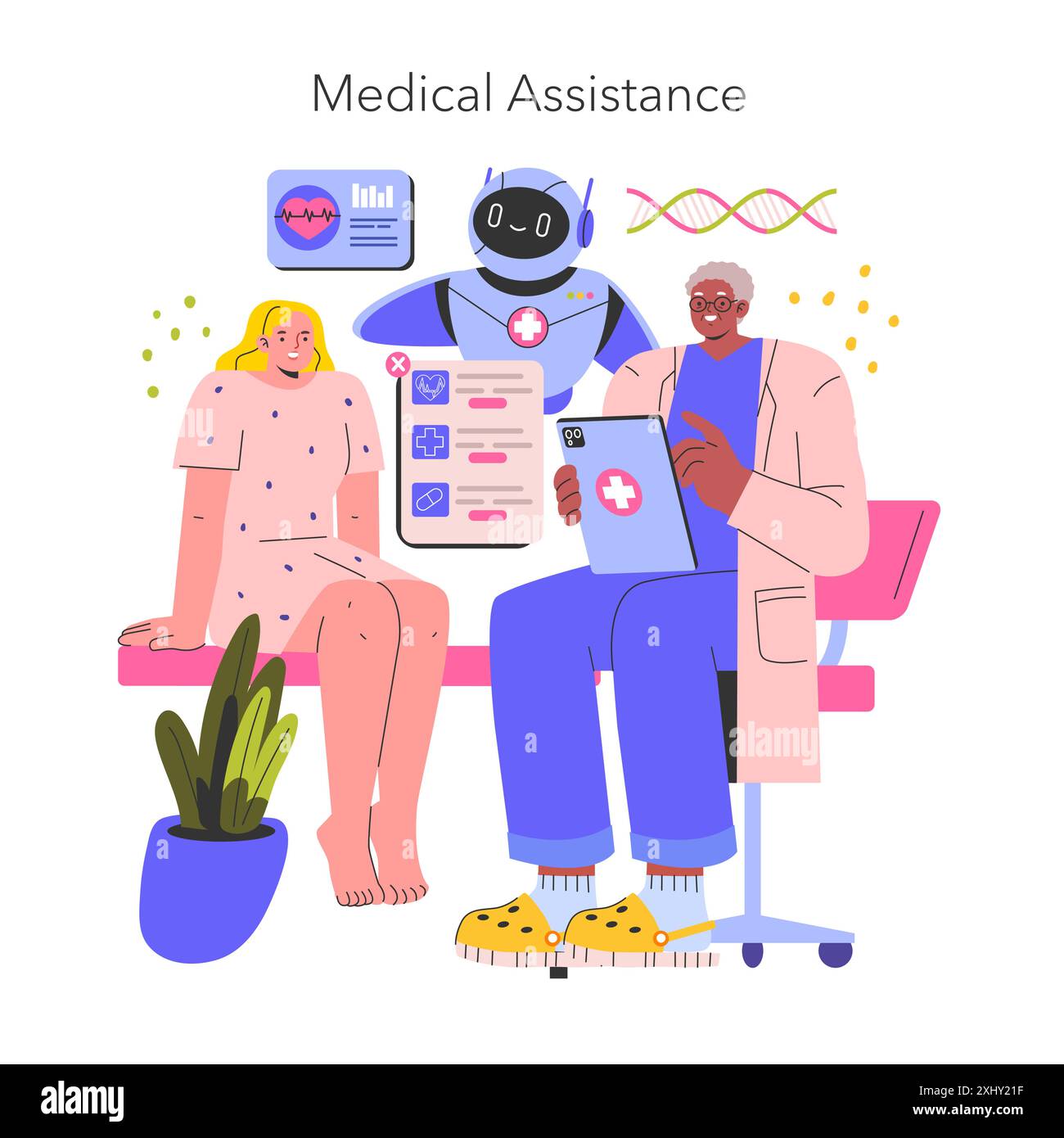 Robot assistants concept. Healthcare professional and robotic aide attending to patient ...