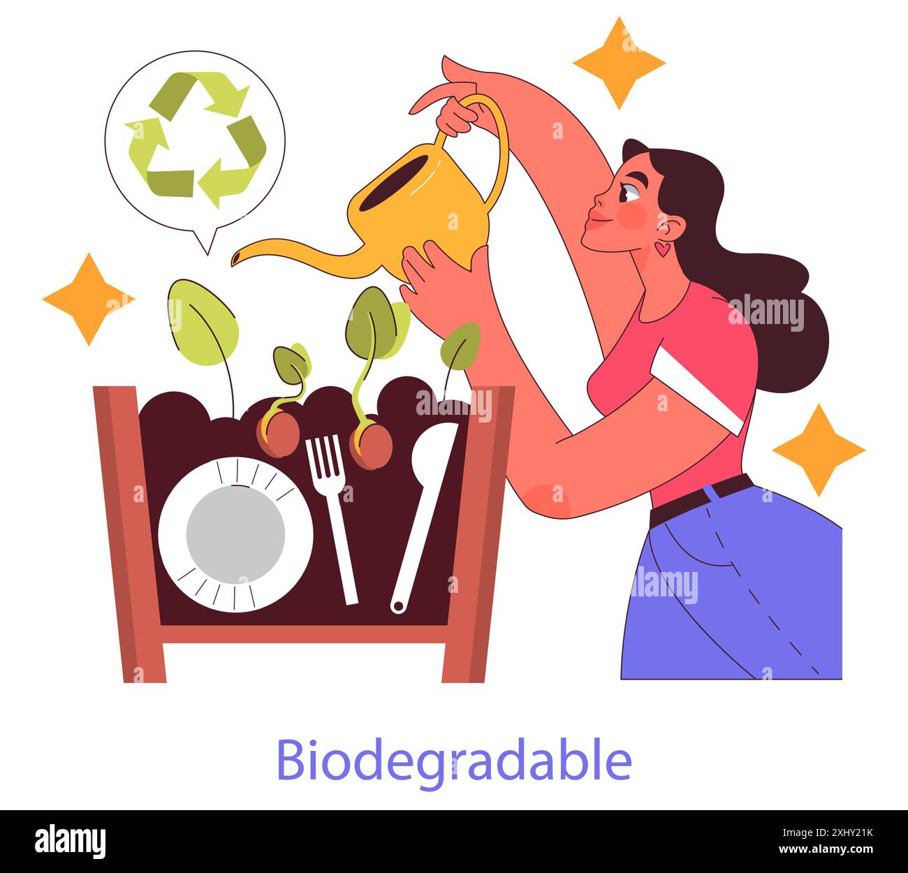 Sustainable materials concept. Woman nurtures sprouts growing from biodegradable utensils. Eco ...