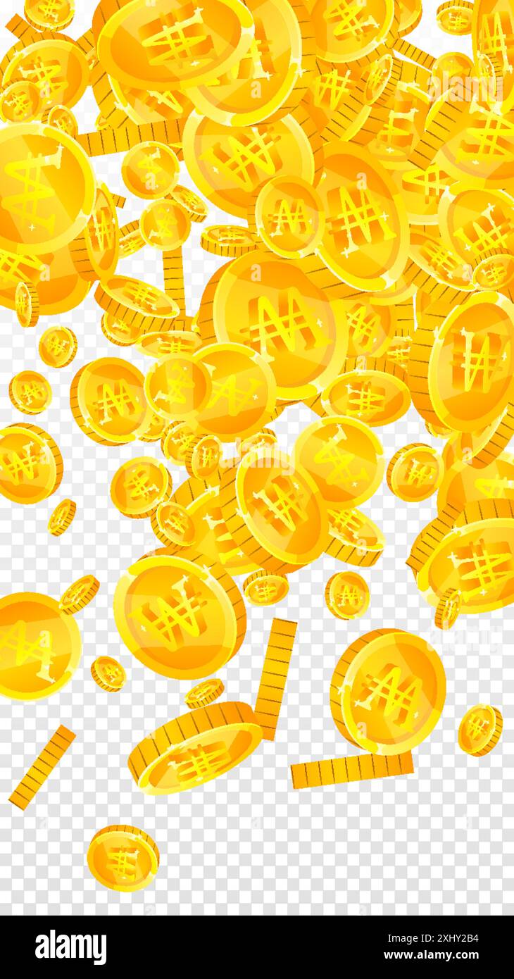 Korean won coins falling. Scattered gold WON coins. Korea money. Global ...