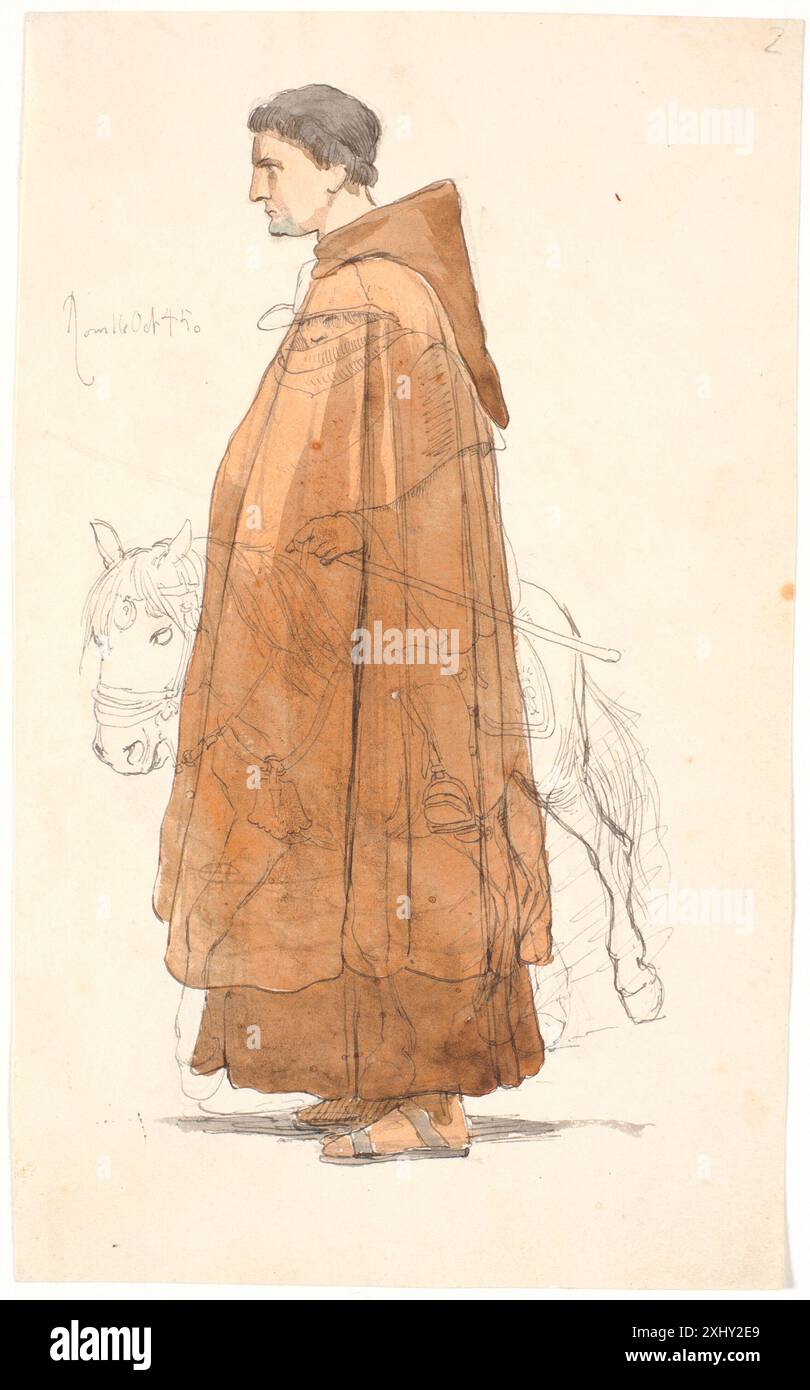 Young Franciscan monk, standing in profile, upstairs a riding campagnol ...