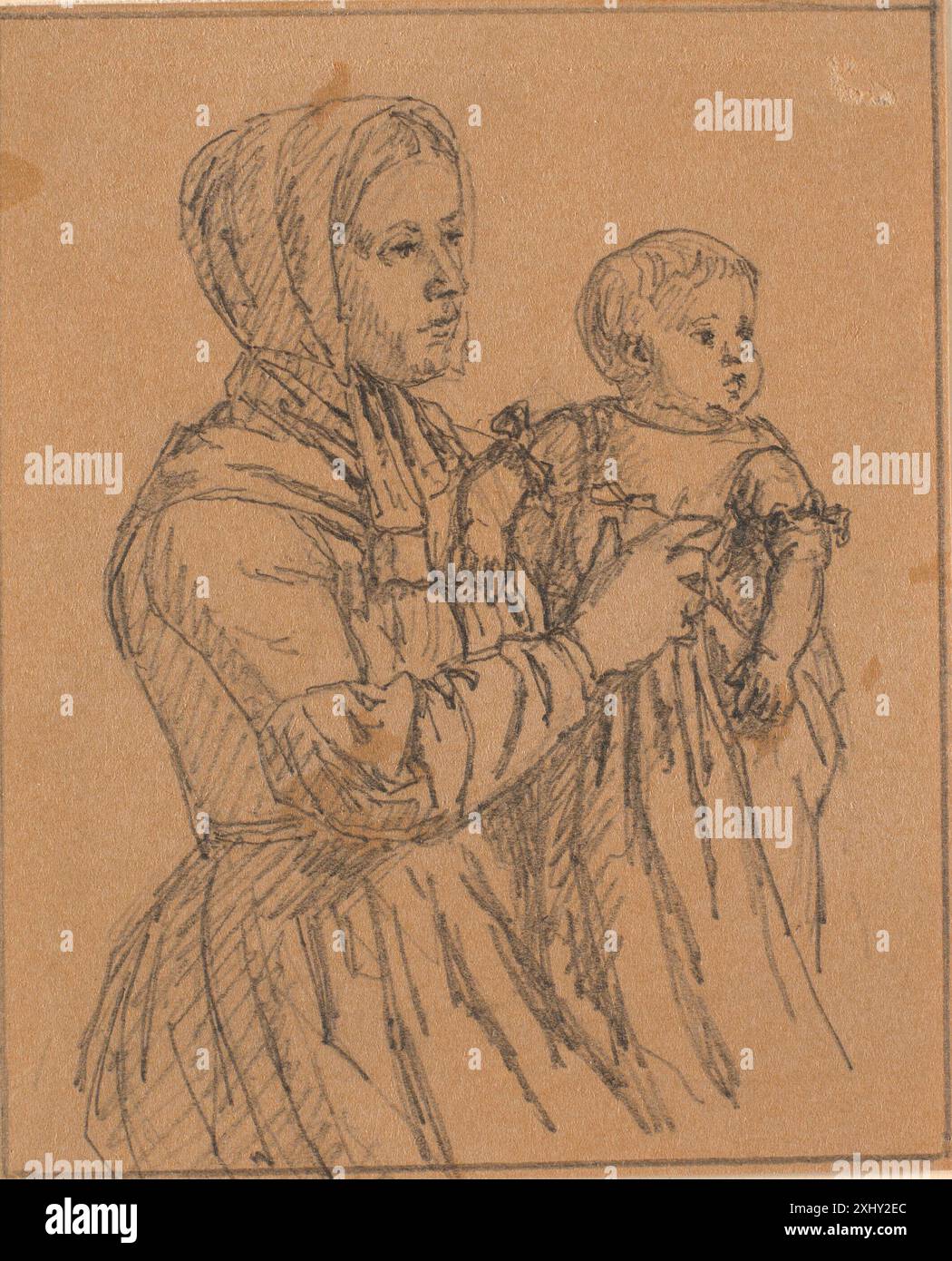 A drawing by Christen Købke showing the artist's daughter being carried ...