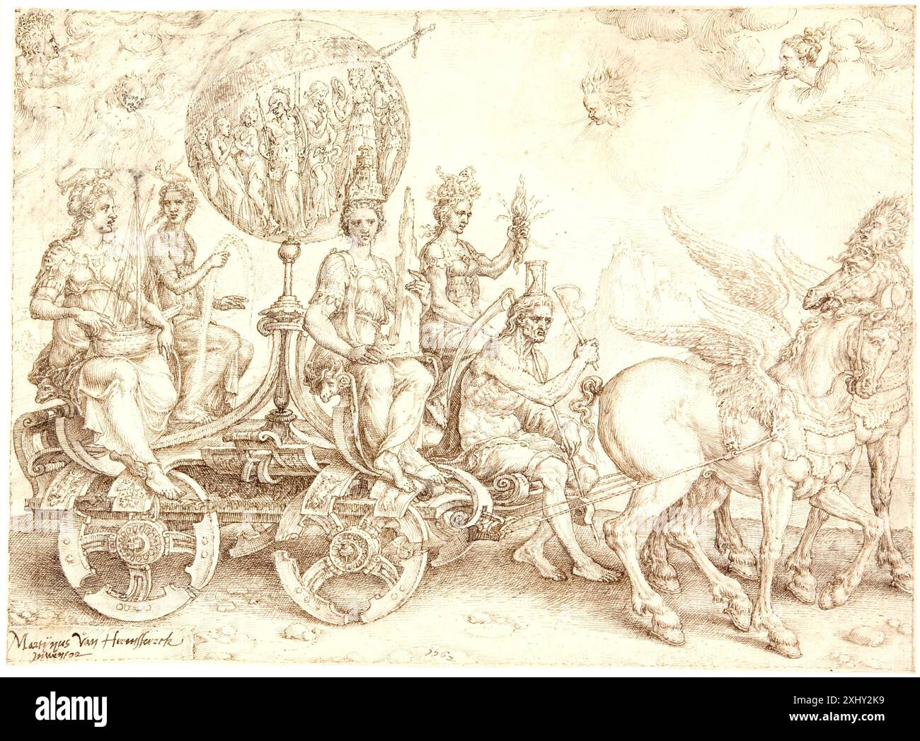 Drawing by Maarten van Heemskerck depicting a triumphal chariot with ...