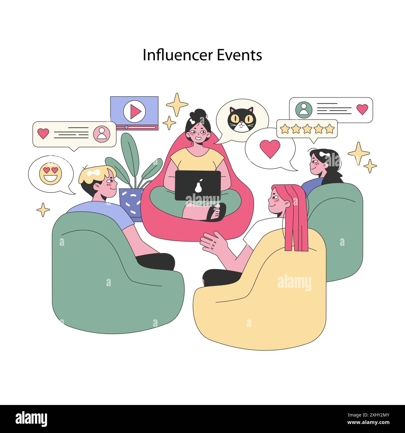 Social Influencers concept. Three digital creators engaging with ...