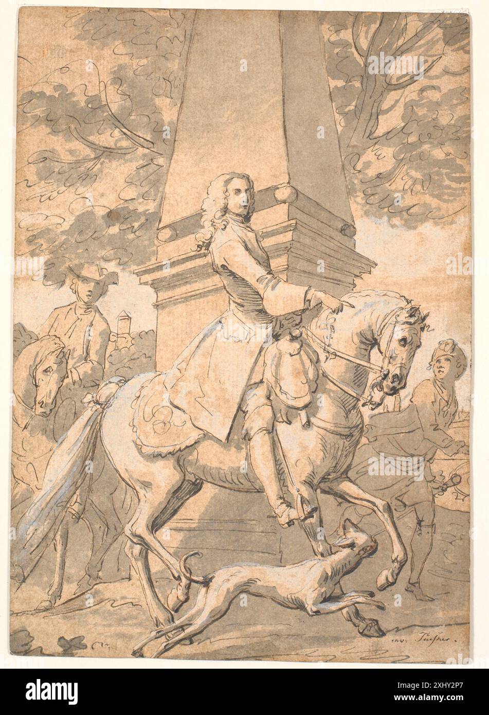 Drawing by Marcus Tuscher showing a gentleman accompanied by servants ...