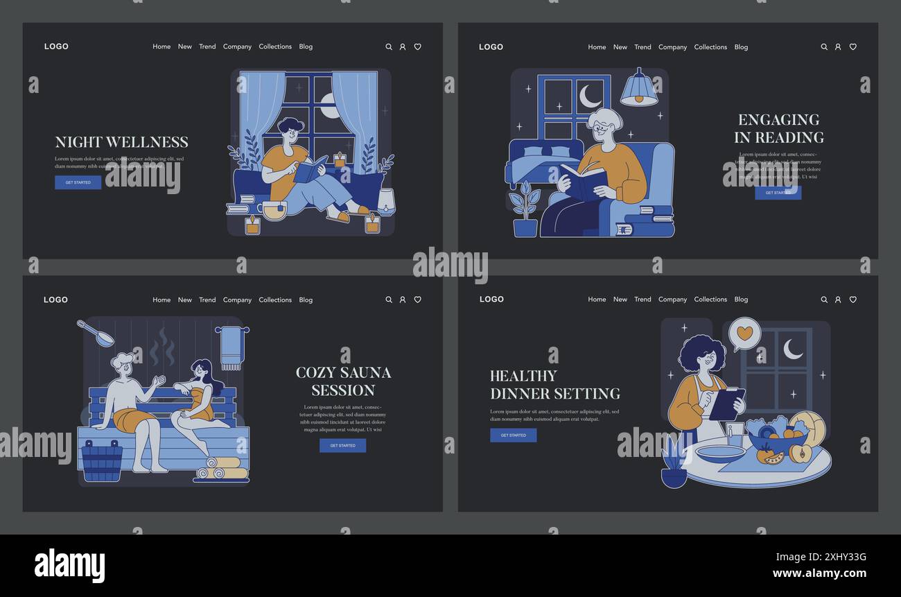 Nighttime activities set. Relaxing evening routines for mindfulness and ...