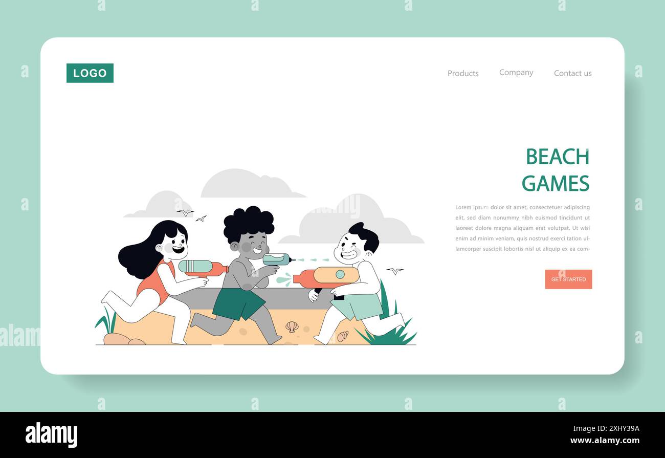 Beach Games concept. Friends engaging in a playful water gun fight on ...