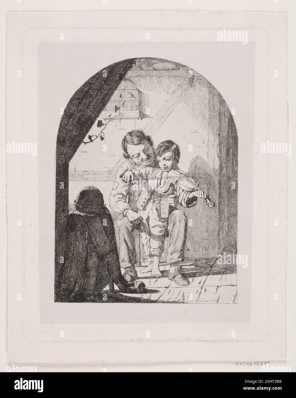 Etching by Otto Haslund depicting a boy learning to play the violin ...