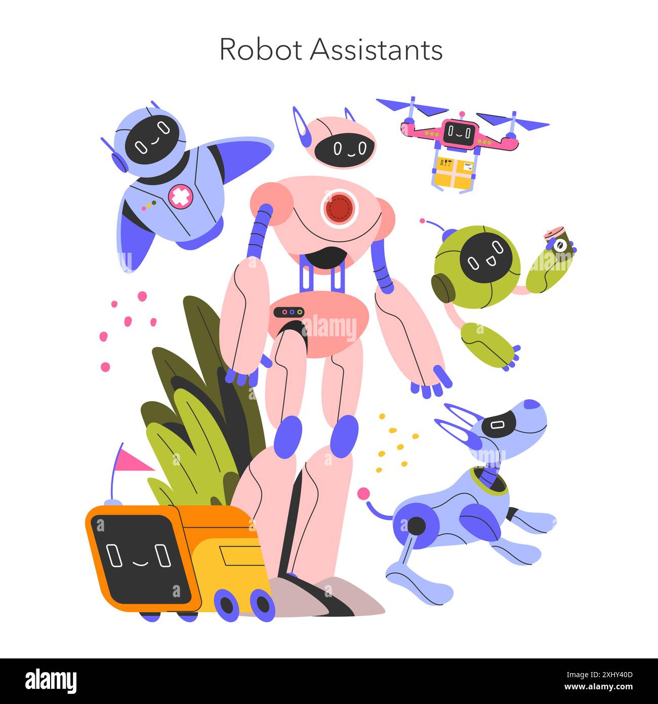 Robot Assistants concept. Illustration showcasing diverse androids for various tasks surrounded ...