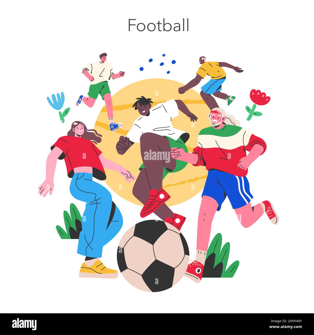 Summer sports scene with diverse people engaging in a dynamic football ...