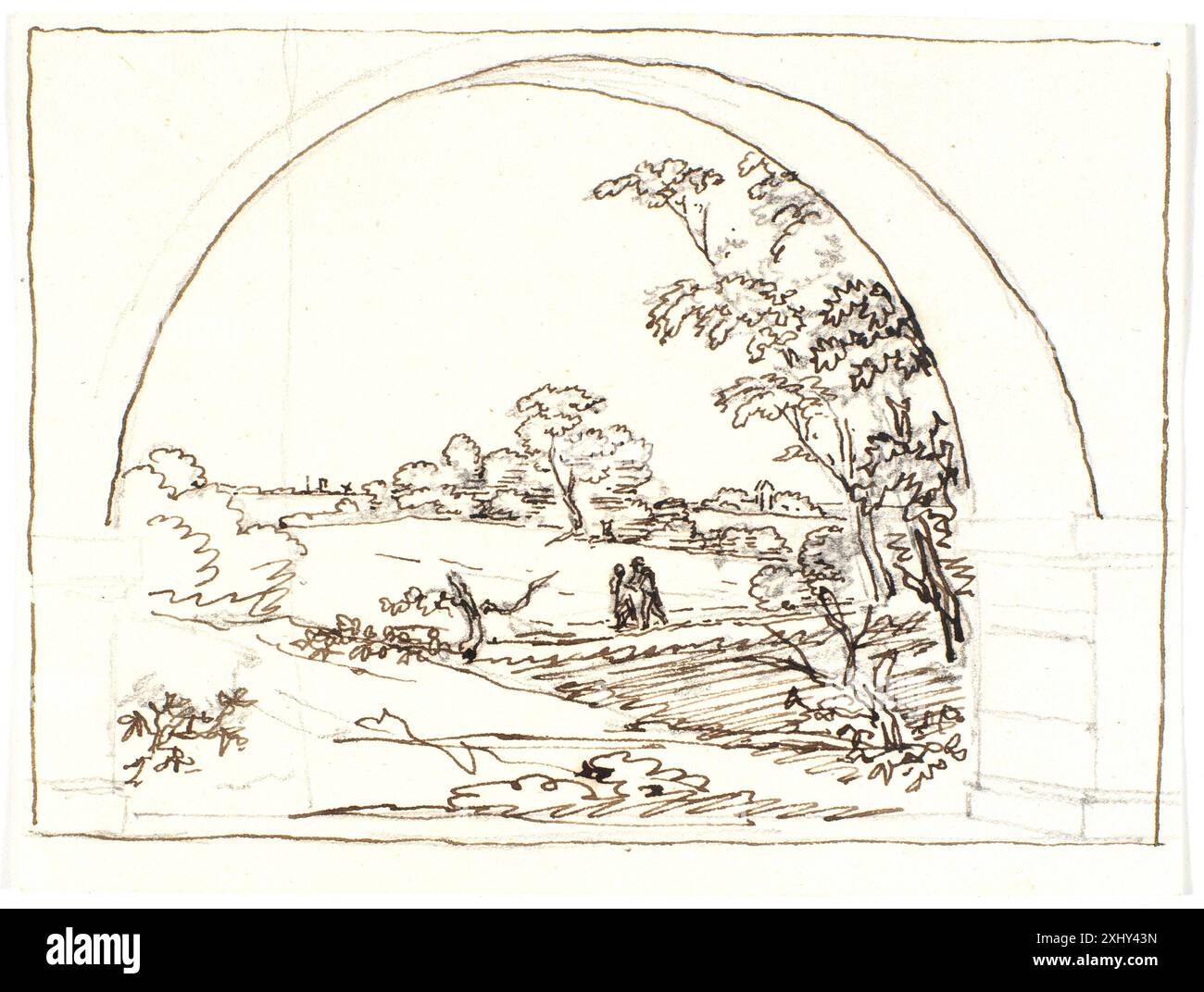 This drawing by Martinus Rørbye shows a view through a stone arch ...