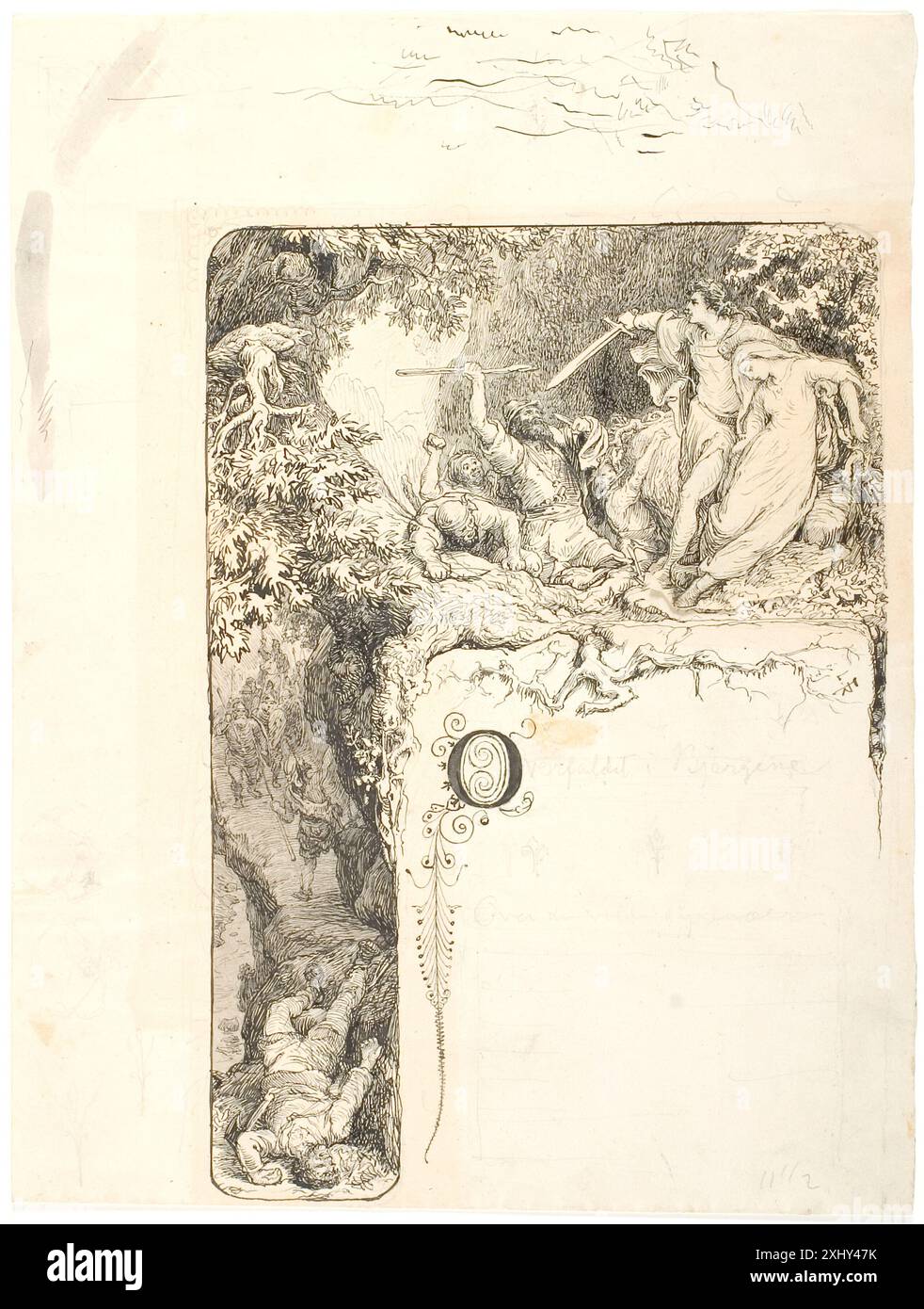 Drawing by Lorenz Frølich depicting an assault in mountainous terrain ...