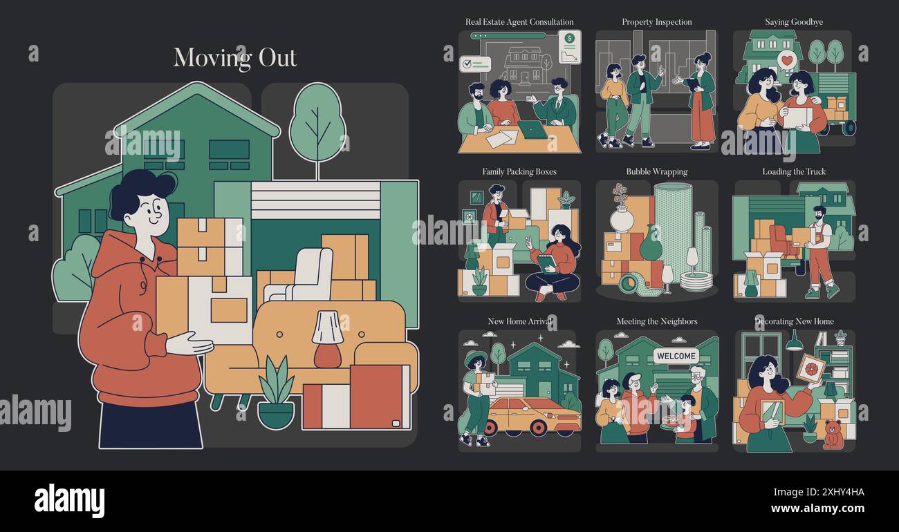 Moving Out set. Illustration captures all aspects of the relocation ...