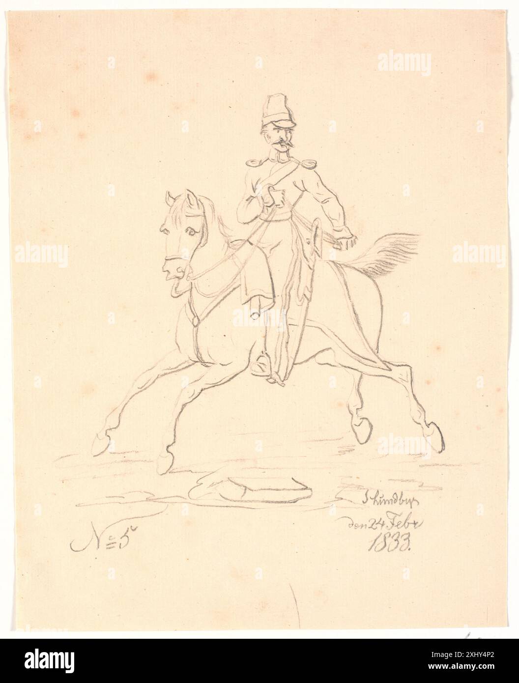 Drawing by Johan Thomas Lundbye of a soldier on horseback facing left ...