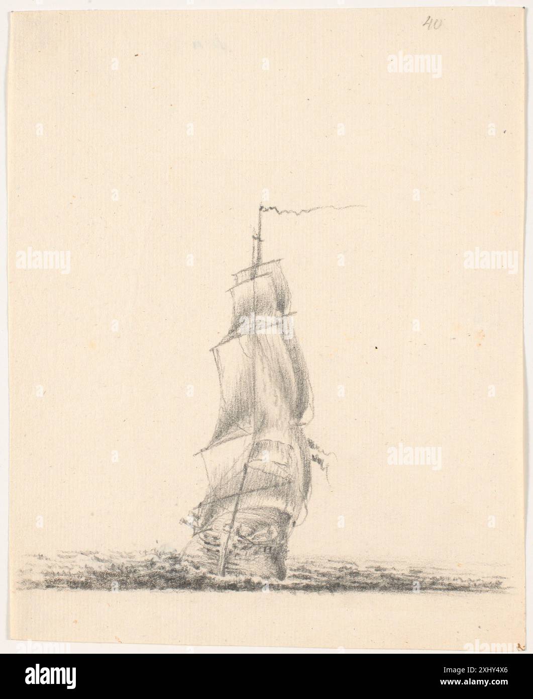 Drawing by C.A. Lorentzen depicting a marine ship with full sails ...