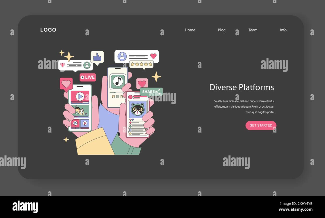 Social Influencers concept. Dynamic interaction with followers across various platforms. Likes ...