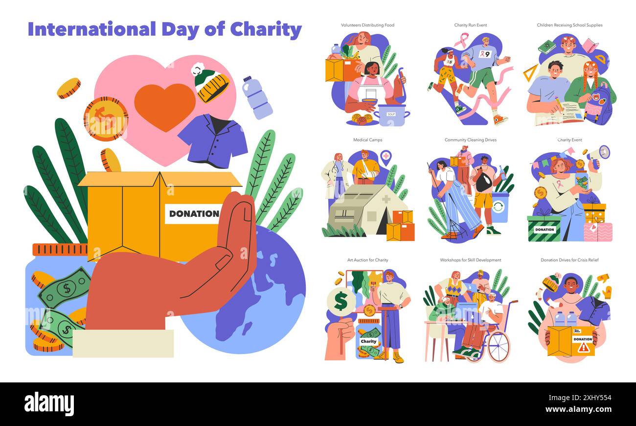 International Day of Charity set. Compassionate acts and fundraising events. Global generosity ...