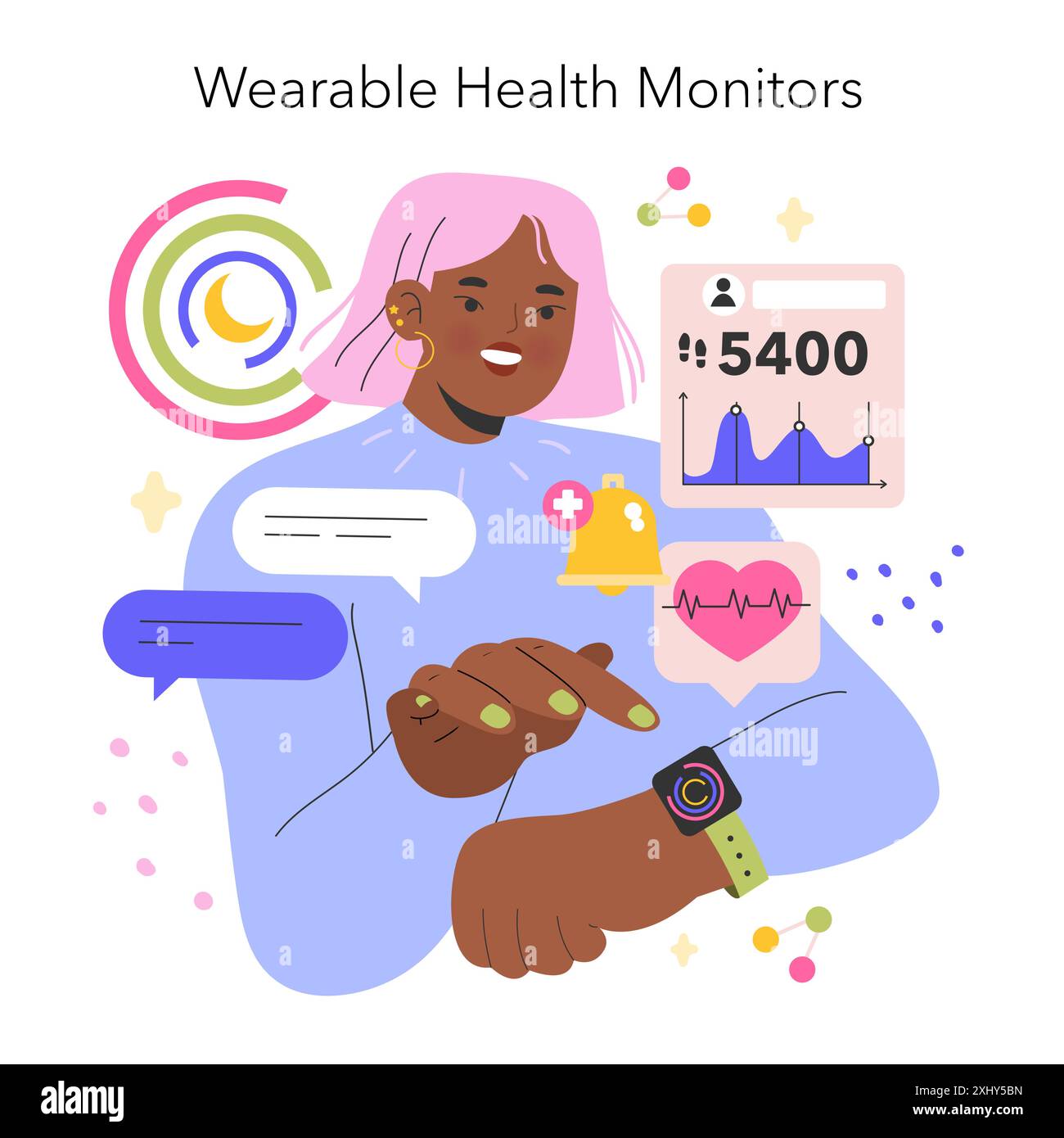 Future Medicine concept. A woman uses a smartwatch to monitor health ...
