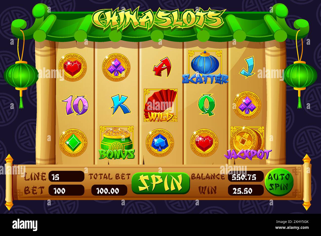 Slot Game Ui for the Chinese-themed Casino Game. Set of 12 Slot symbols ...