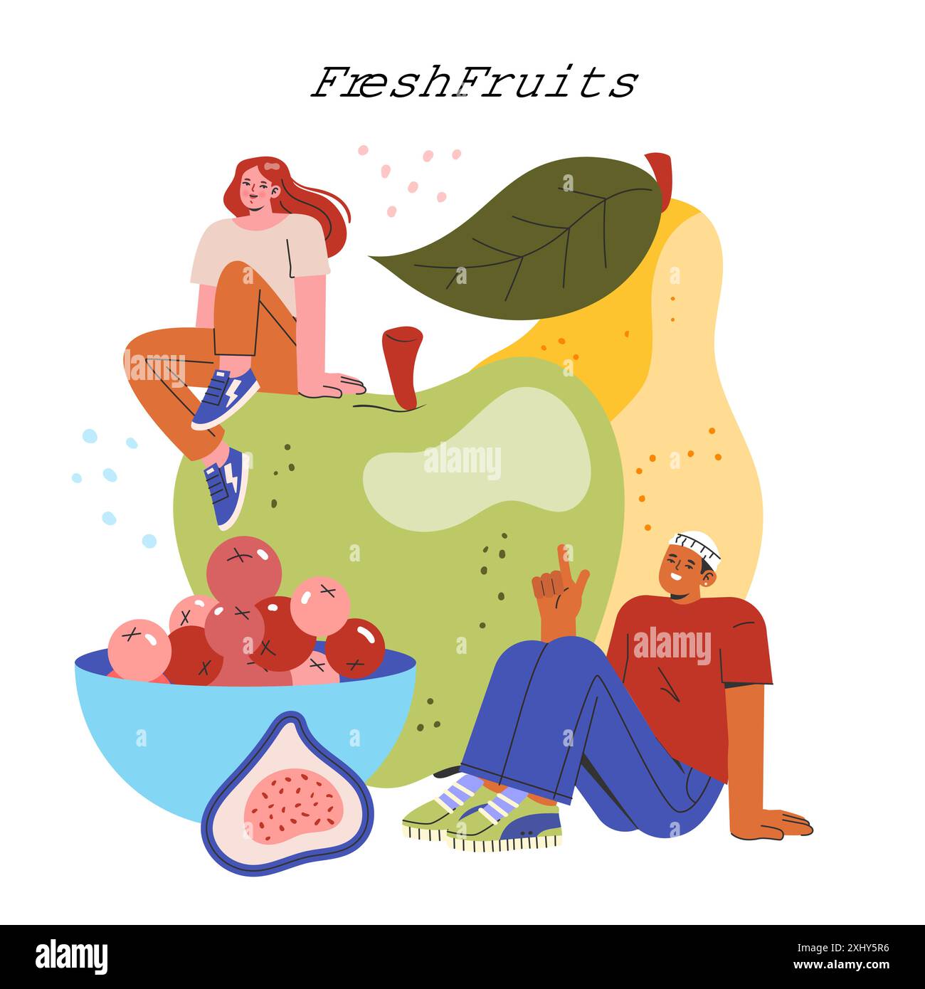 Healthy Eating concept. Illustration showing two people enjoying fresh ...