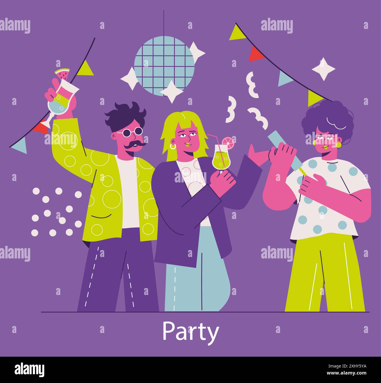 Party concept. Joyful friends celebrating with drinks and party horn ...