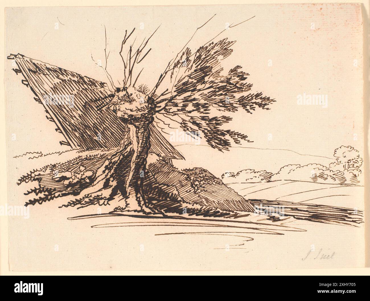 A drawing by Jens Juel depicting an old stunned arrow and half of a hut ...