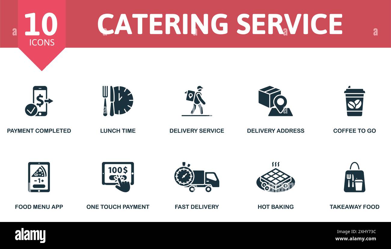 Catering Service icon set. Payment Completed, Lunch Time, Delivery ...
