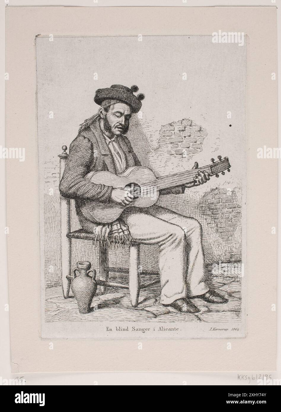 Engraving showing a blind singer in Alicante, Spain by Jacob Kornerup ...