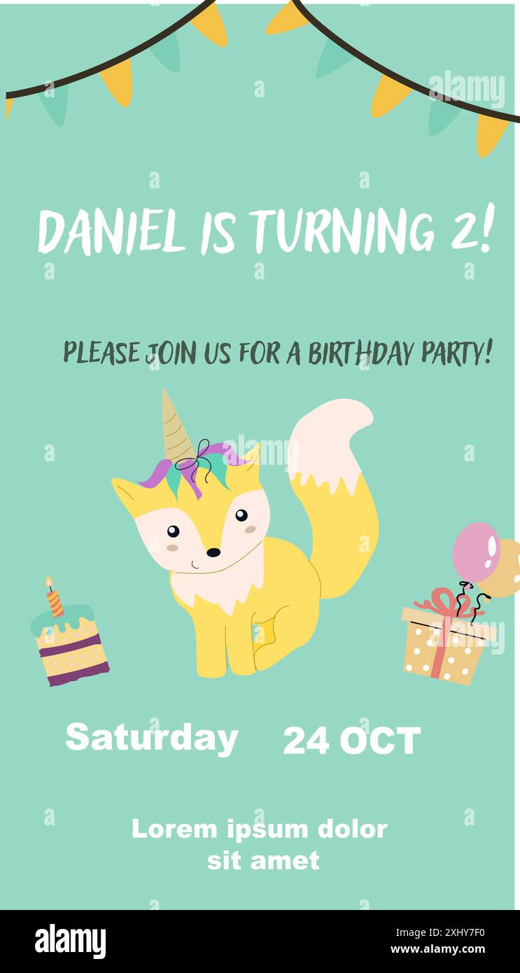 Childrens magic invitation card with fairy animal. Fantasy world ...