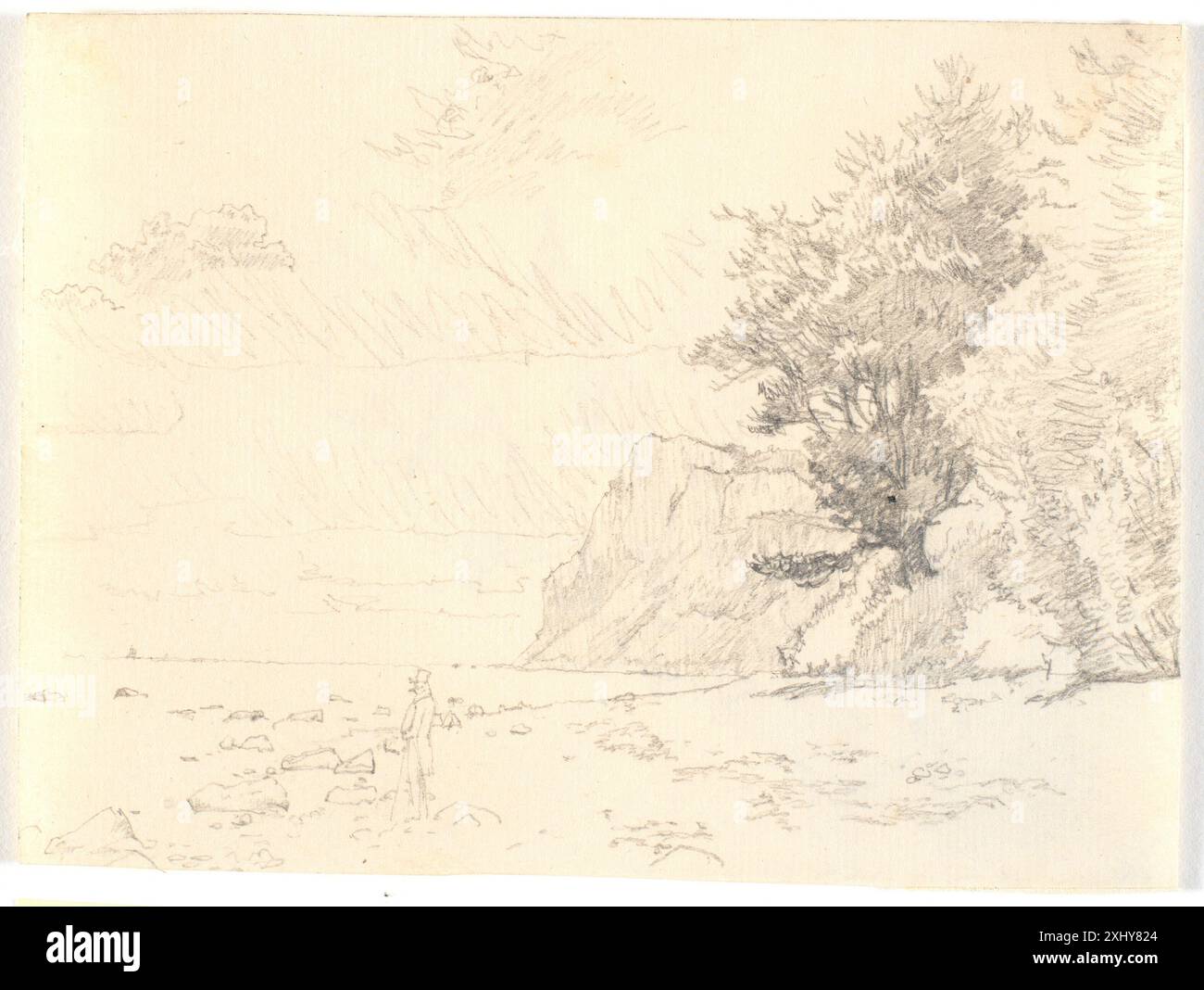Drawing by Christen Købke depicting a group at Møns Klint, a chalk ...