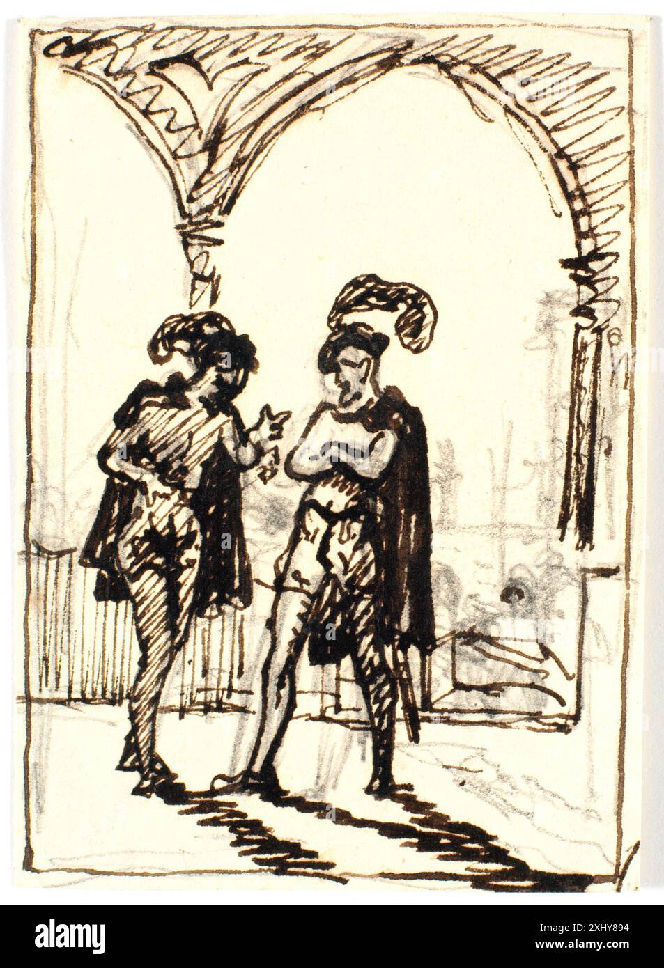 Drawing by Martinus Rørbye depicting a medieval scene with two men ...