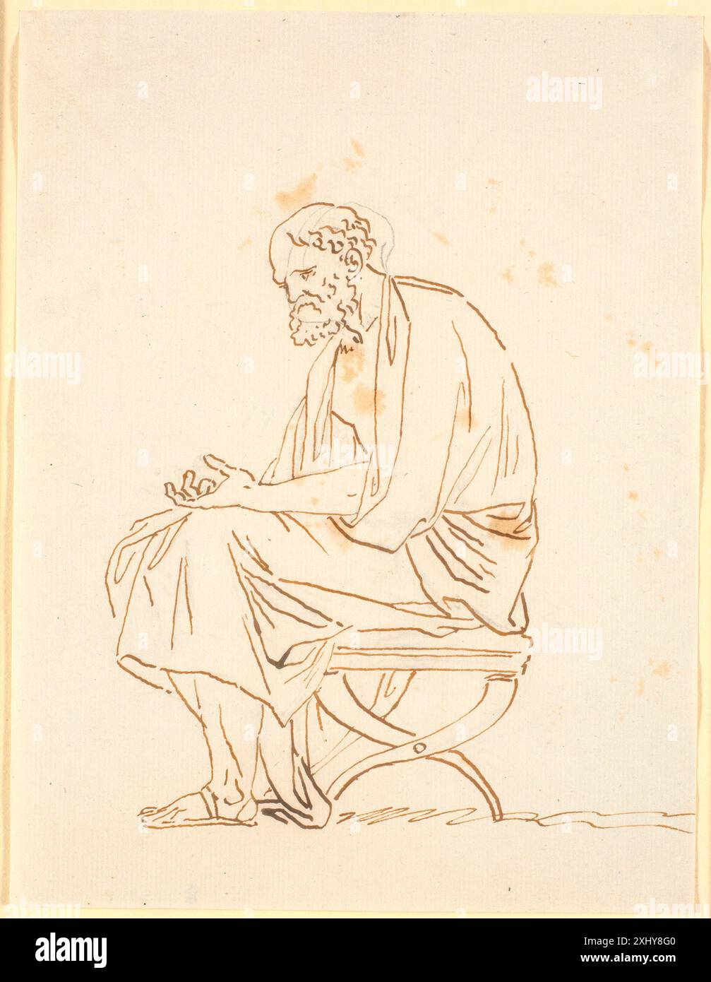 An old man in antique suit, sitting on a stool, in profile t.v ...